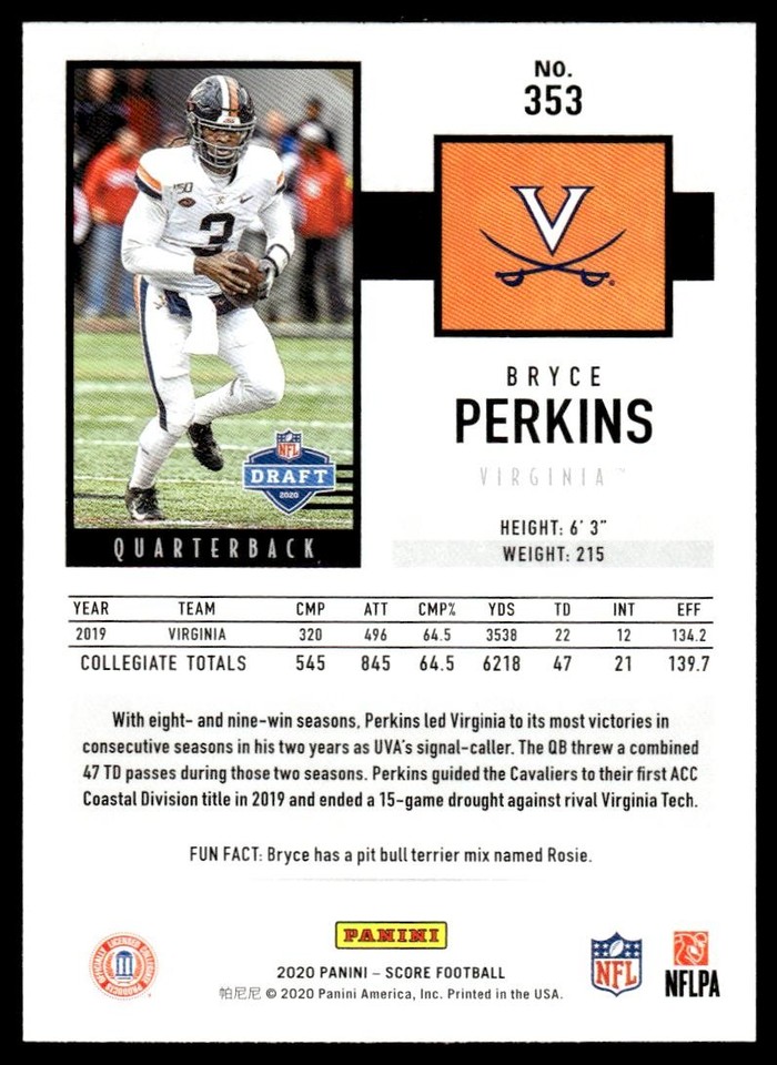 Bryce Perkins 2020 Score #353 RC Virginia Cavaliers Football Card | eBay