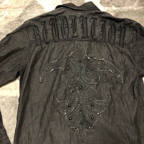 Roar Denim Shirt Embroidered Cross Medium Black Grunge Distressed Snap ...