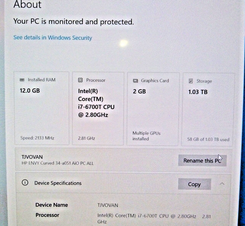 HP ENVY 34-a051 34" Curved WQHD/Intel i7-6700T 12GB 1TB 128 SSD W10 ...