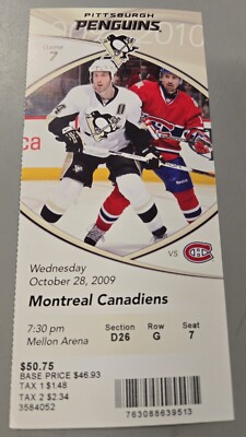 Oct 28 2009 Canadiens @ Penguins Ticket Sidney Crosby 3rd Career Hat ...