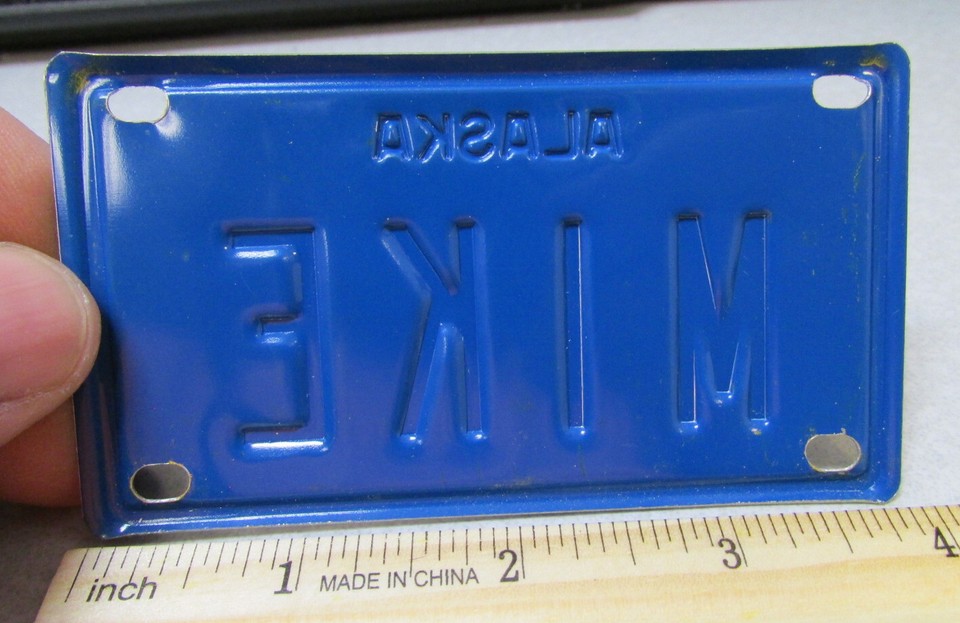 Novelty ALASKA Metal bicycle license plate, 1980s Blue & Gold embossed ...