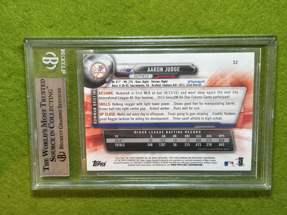 Aaron Judge BOWMAN ROOKIE CARD GRADED BGS 9 MINT TRUE RC 2017 Bowman ...