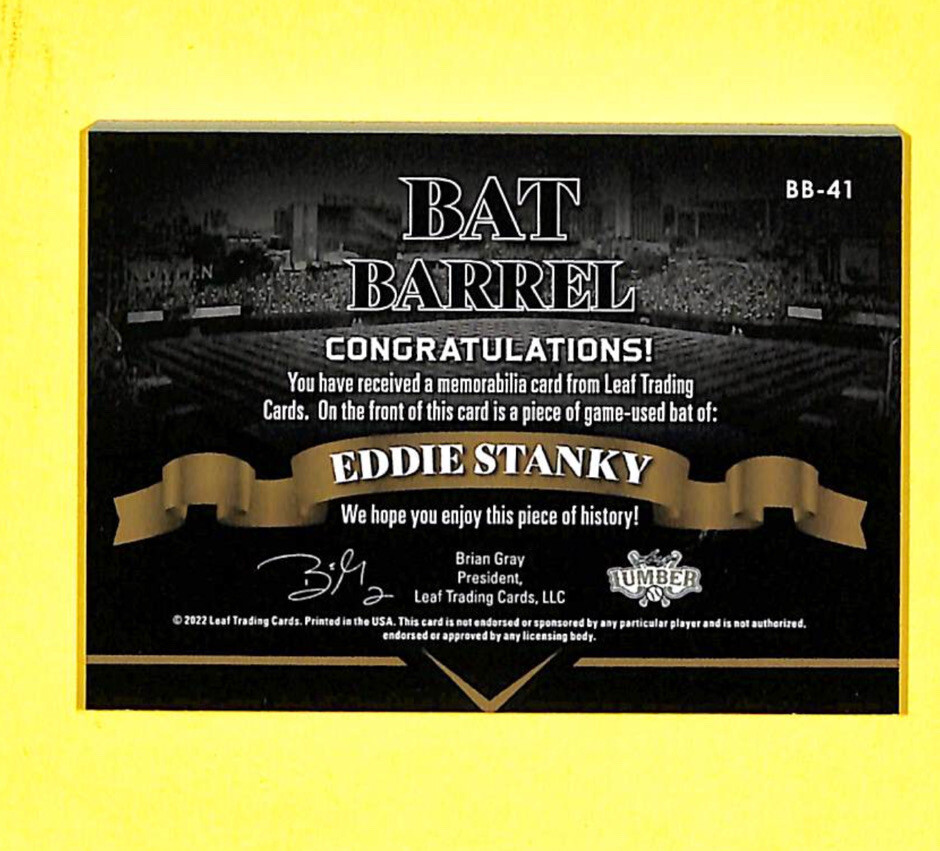 2022 Leaf Lumber Eddie Stanky 1/1 Game Used Bat Barrel Card Brooklyn ...