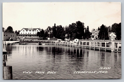 Real Photo Cedar Inn Boat Dock Vintage Cars Cedarville Michigan MI RPPC ...