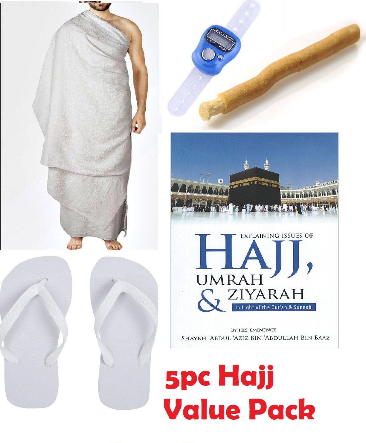 5pc Hajj Umrah Value Pack Kit Ihram Clothing Miswak Tasbih Book ...