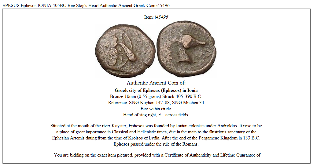 EPESUS Ephesos IONIA 405BC Bee Stag's Head Authentic Ancient Greek Coin ...