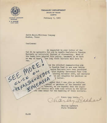 1933 STATE TREASURER letter CHARLEY LOCKHART Austin Texas CONFEDERATE ...