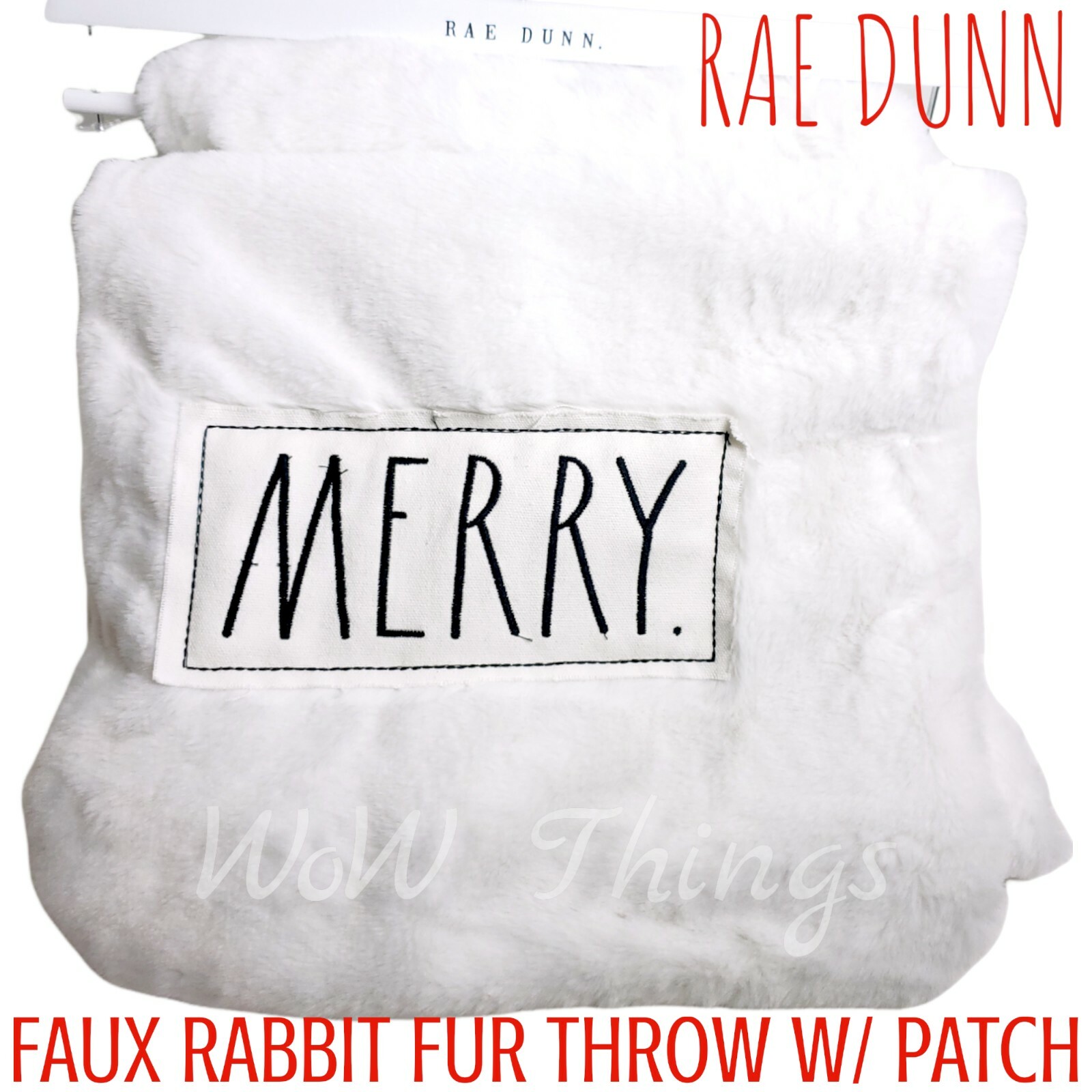 Rae Dunn MERRY. Faux Rabbit Fur Throw w/ Patch. White. NWT | eBay