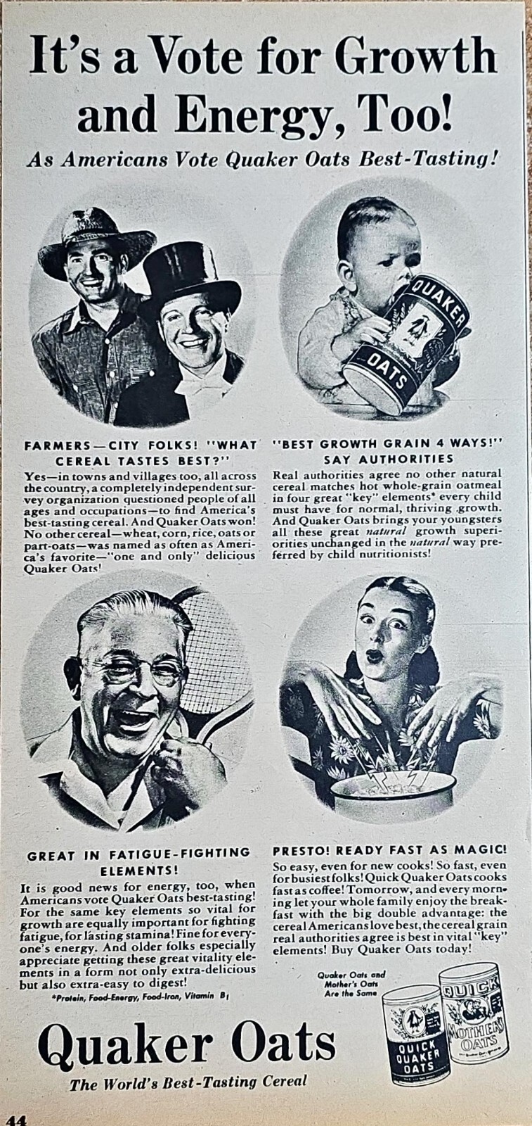 QUAKER OATS - 1946 Vintage Print Ad - America Votes Best Tasting ...