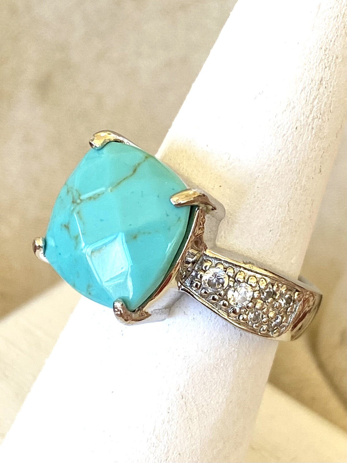 Cushion Cut Turquoise gemstone with CZ 925 Sterling Silver Ring ...