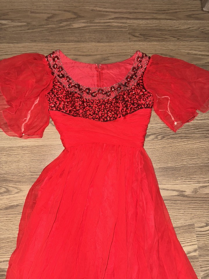 Vintage Mike Benet red chiffon off shoulder formal gown beaded flutter ...