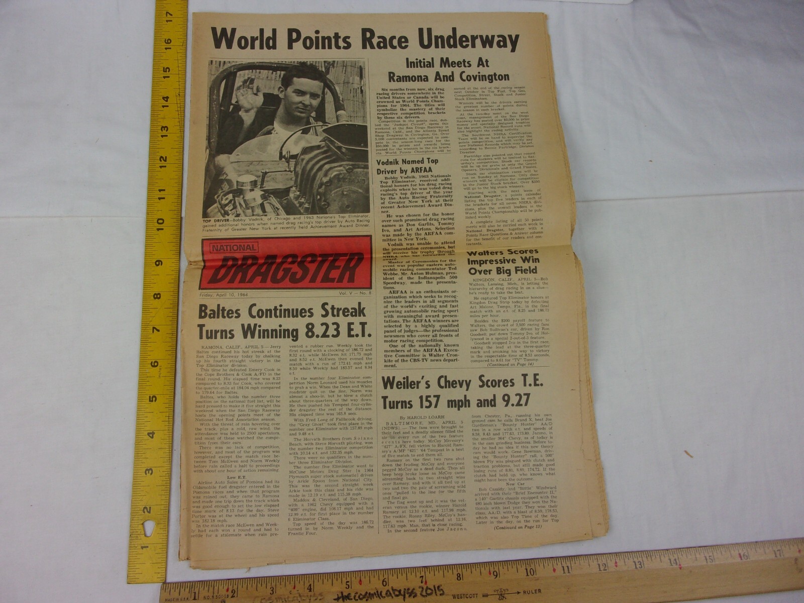 Jerry Baltes Emery Cook Bobby Vodnik National Dragster racing 4/10/1964 ...