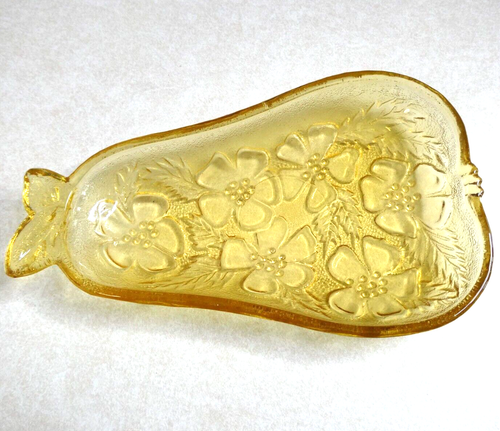Hazel Atlas Yellow Amber Flower Blossom Glass Dish Bonbon Pear Shape ...