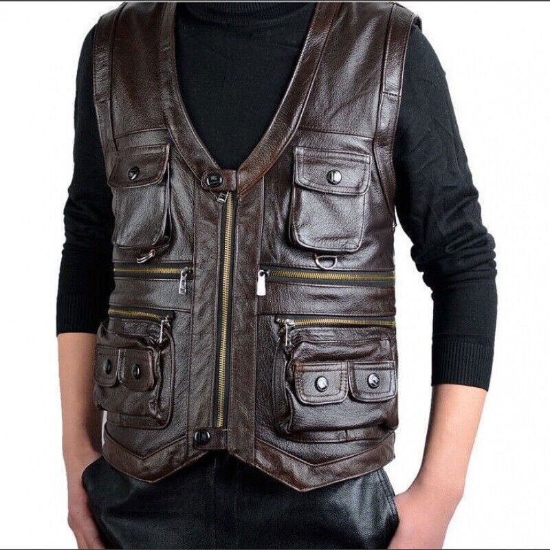 Men's Waistcoat Hunter Fishing Vest Sleeveless Leather Gilet Casual ...