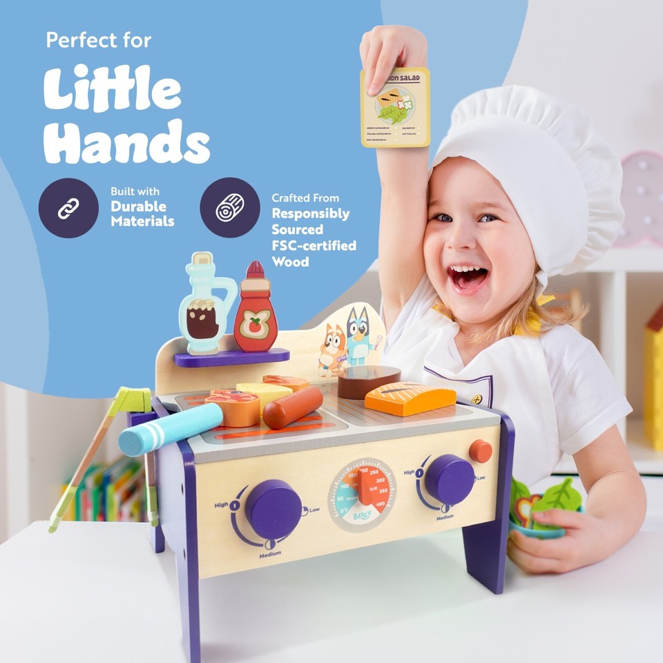Bluey Wooden BBQ & Salad Toys Set Colourful Role-Play Grill Playset 33 ...