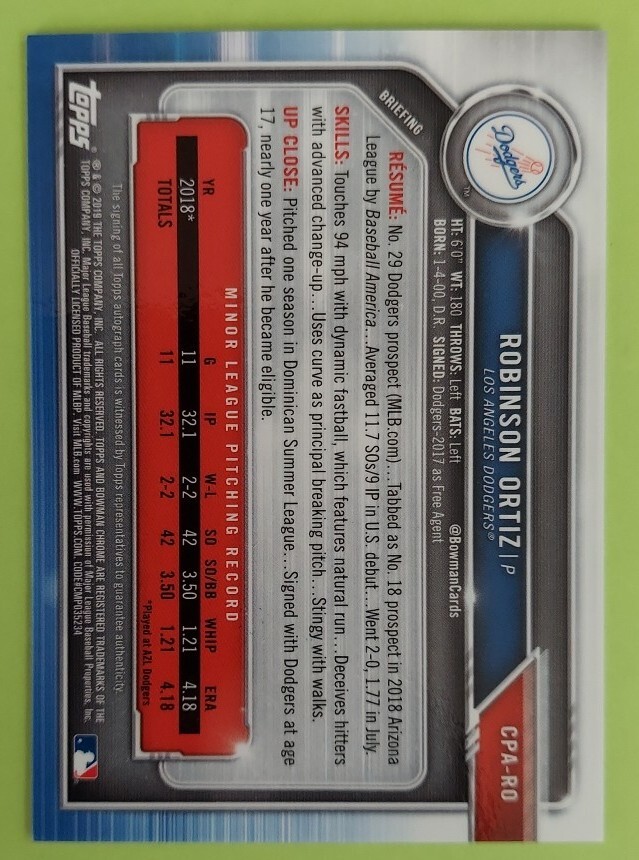 2019 BOWMAN CHROME ROBINSON ORTIZ ROOKIE AUTO #CPA-RO DODGERS PROSPECT ...