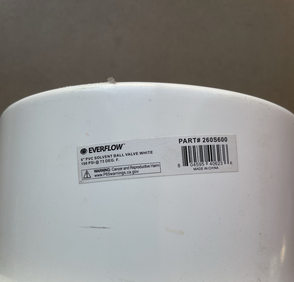 Everflow 6" PVC Solvent Ball Valve 150 PSI White 260S600 (for non ...