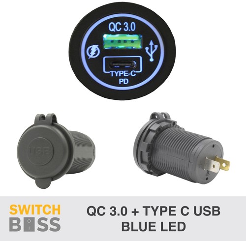 TYPE C + QC 3.0 USB - BLUE LED Flush Round Mount - 12v QC Outlet Power ...