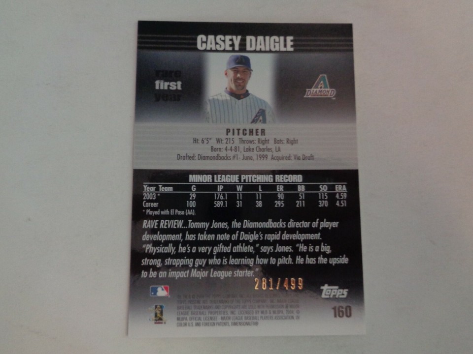 2004 Topps Pristine Casey Daigle Card #160 Serial #281/499 | eBay