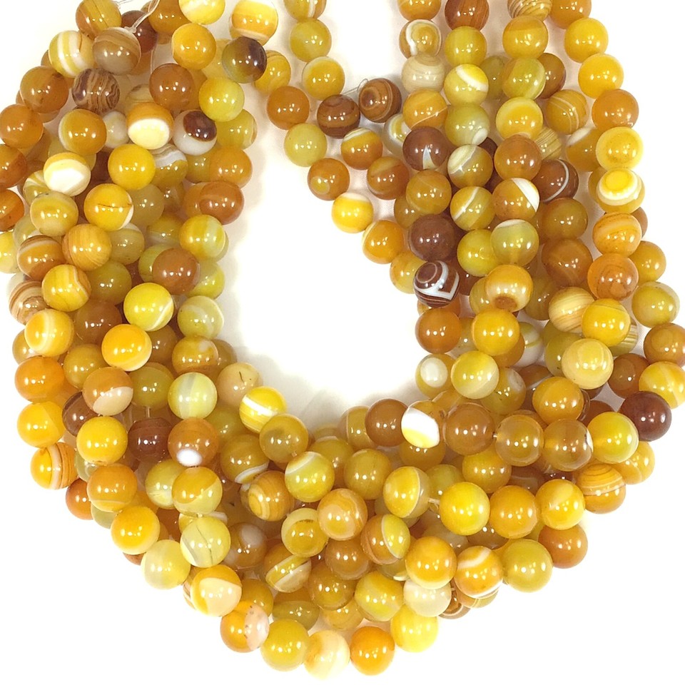 Natural Gold Yellow Stripe Agate Round Bead 15" Jewelry Making Gemstone ...