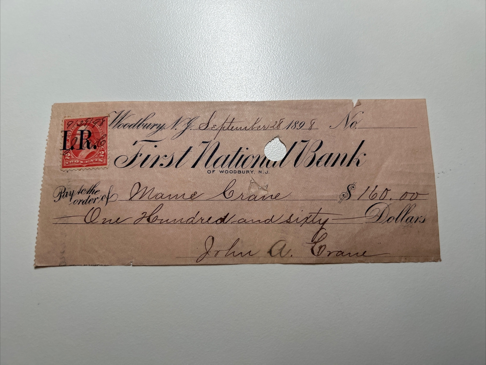 R155 - First National Bank - Bank Check - Woodbury NJ - 1898 | eBay