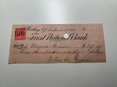 R155 - First National Bank - Bank Check - Woodbury NJ - 1898 | eBay