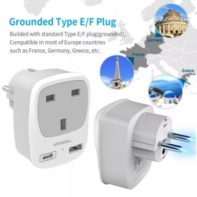 3-IN-1 Schuko Travel Adapter with 2 USB for Greece Poland Norway Turkey ...