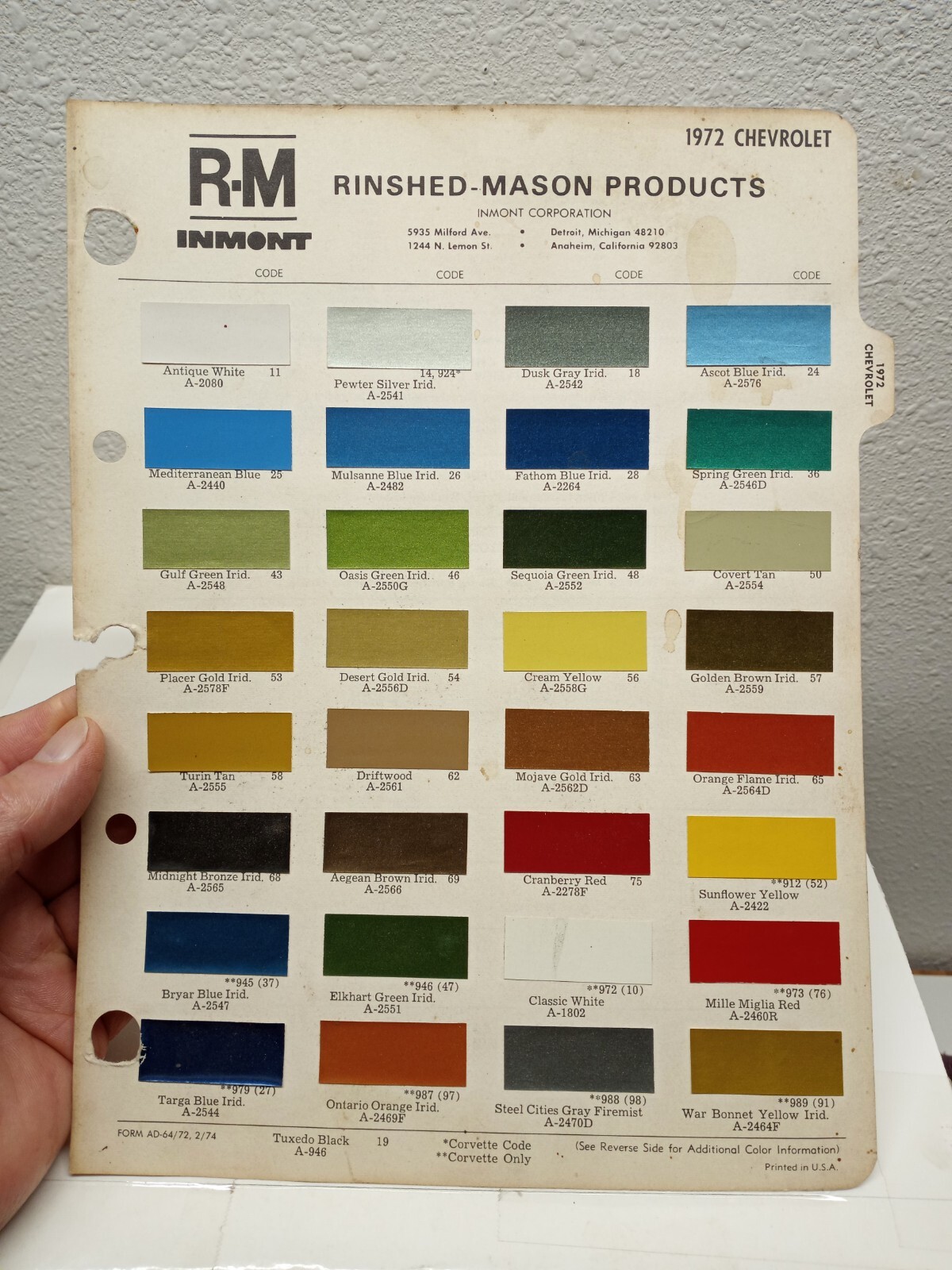1972 Chevrolet Paint Chip Sheet R-M Inmont Chart AD-64/72 2/74 USA | Paper