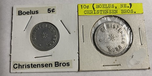 TWO CHRISTENSEN BROS BOELUS NEBRASKA GOOD FOR 5c 10c TRADE TOKENS | eBay