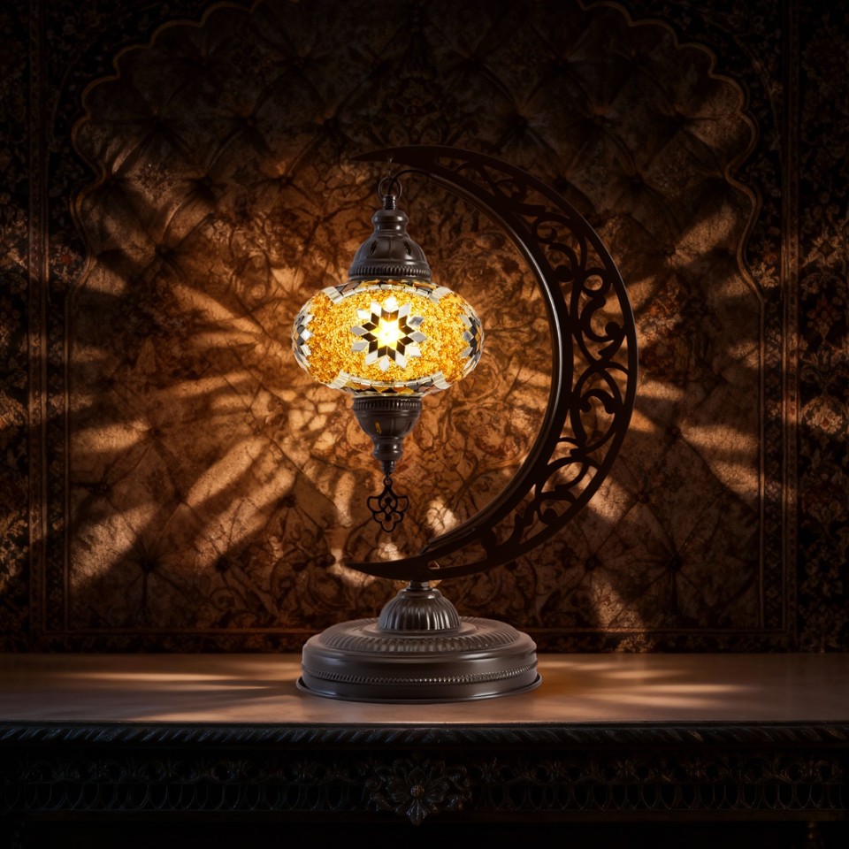 Mozaist Turkish Mosaic Moon Table Lamp, Moroccan Style Stained Glass ...