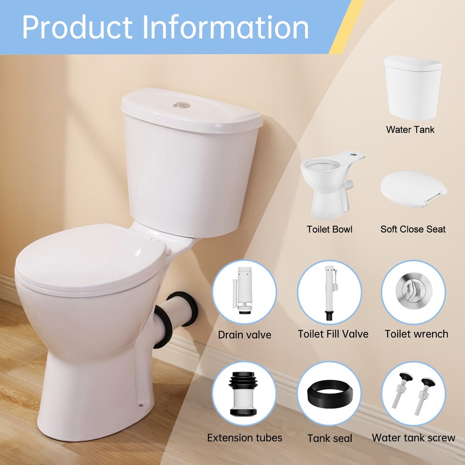 19" High Rear Outlet Toilet Dual Flush Round for Seniors Handicap Tall ...