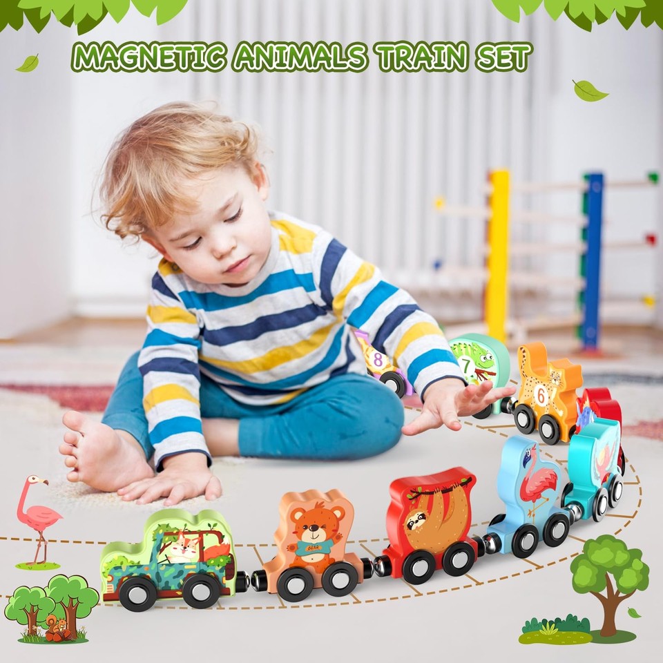 Toys for Toddlers, 11 Magnetic Wooden Animals Train Set, Montessori ...