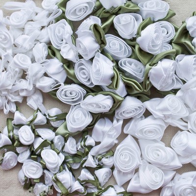 Bridal White Ribbon Rose Bows Ribbon Roses White or Green Leaves Large ...