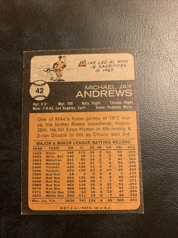 # 42 Mike Andrews Chicago White Sox,, 1973 topps Baseball Card Cb23 | eBay