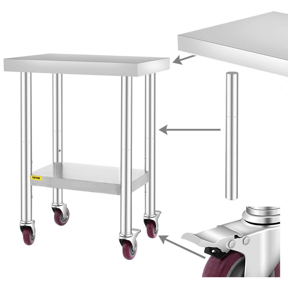 VEVOR Stainless Steel Work Pre Table with Wheels 24X18inch Adjustable ...