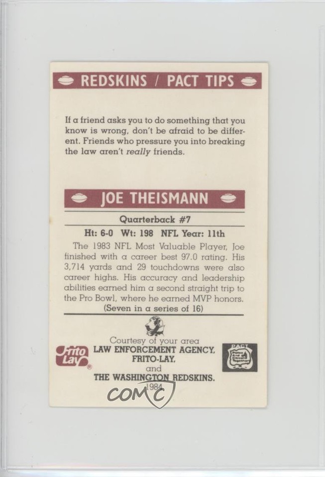 1984 Frito Lay Washington Redskins Police PACT Joe Theismann #7 1n0 | eBay