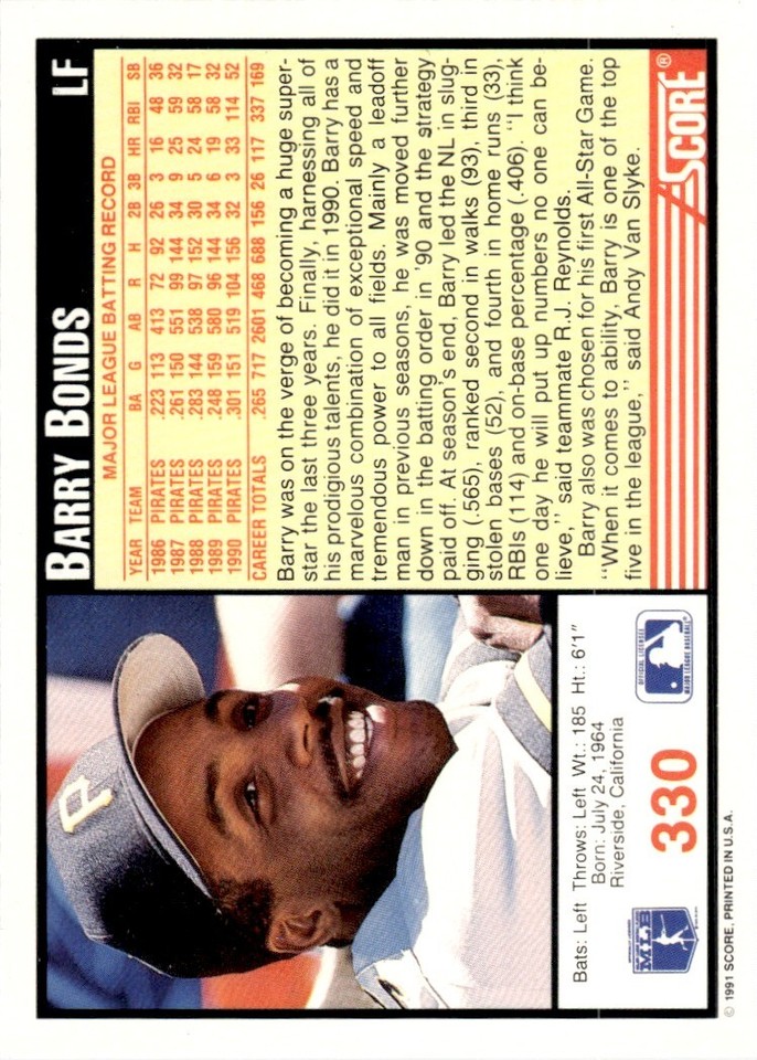 1991 Score Barry Bonds Pittsburgh Pirates #330 | eBay