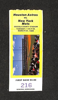 MARCH 22, 1988 NEW YORK METS @ HOUSTON ASTROS SPRING GAME TICKET STUB ...