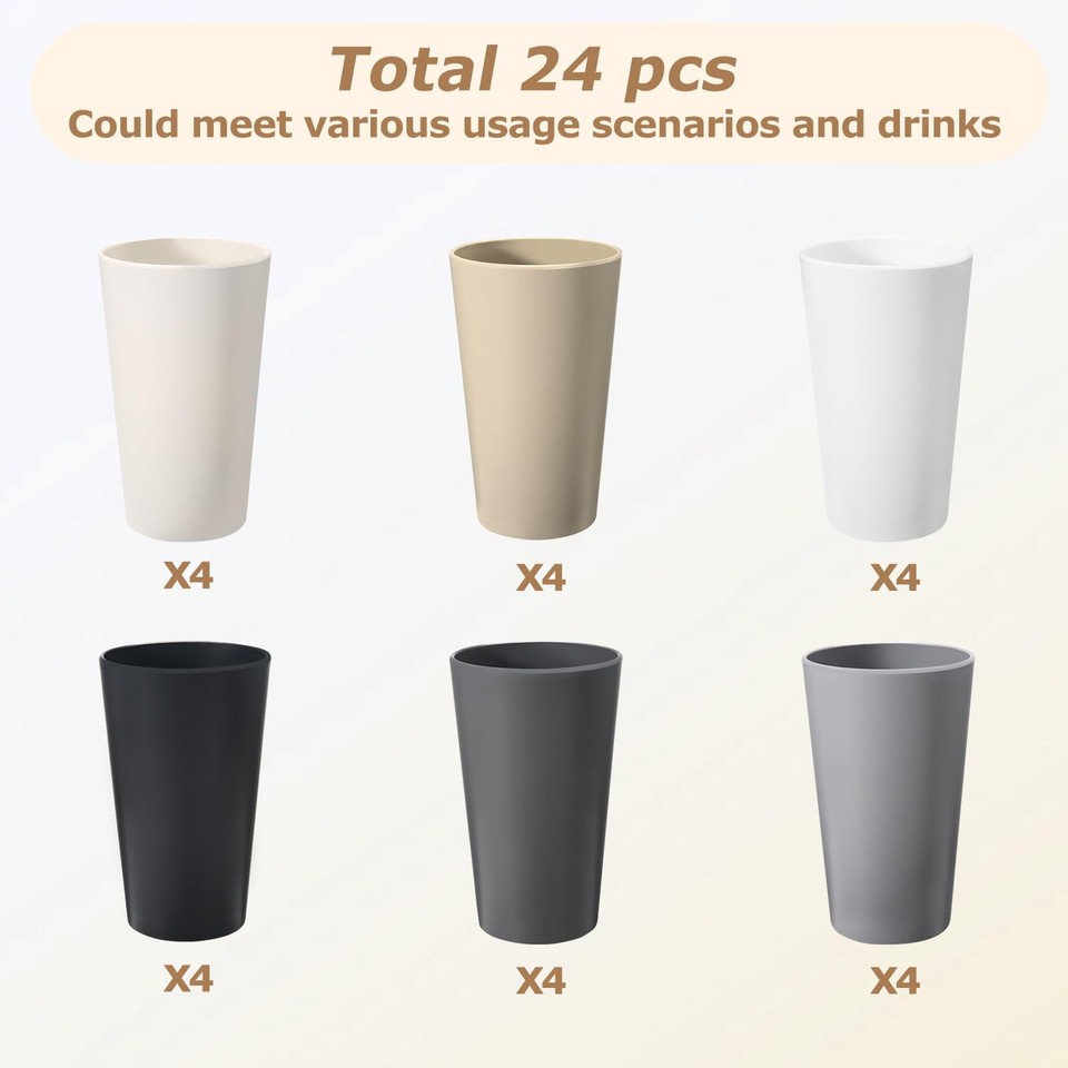 24 Pcs Unbreakable Plastic Cups Set, 20 oz Reusable Plastic Cups ...
