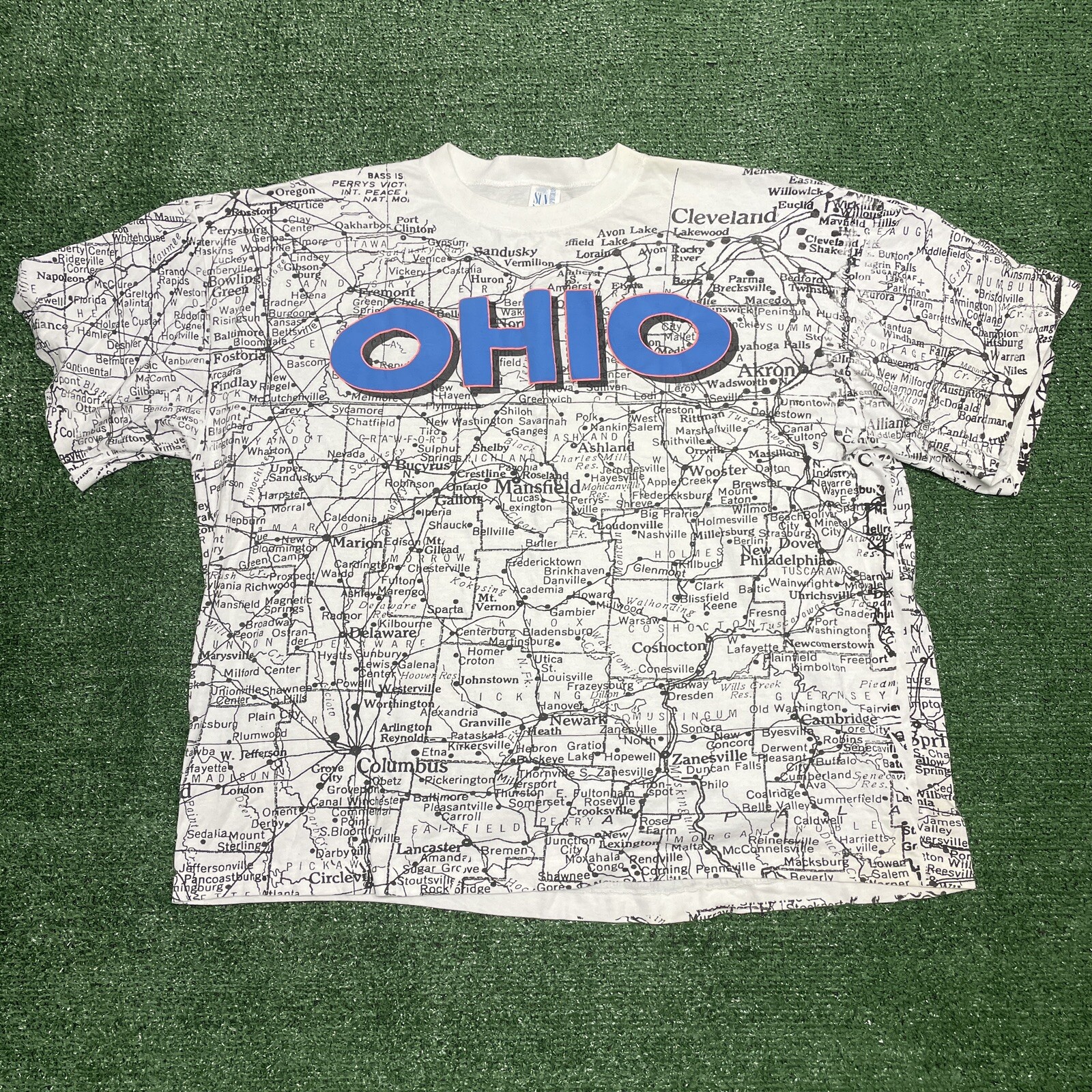 Mens Vintage 80s Map Of Ohio Blue Puff Print Oversize… - Gem