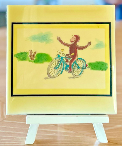 Vtg 1992 CURIOUS GEORGE on Bicycle Ceramic Tile Art Margaret Rey A.R.T. USA 8x8" | eBay