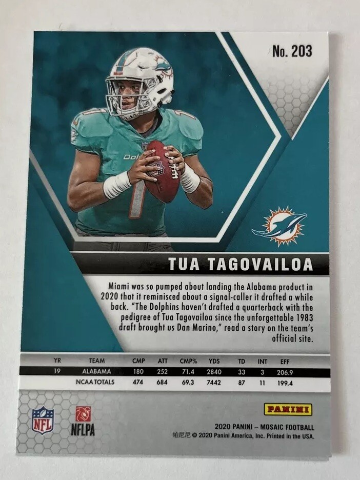 Tua Tagovailoa 2020 Panini Mosaic Rookie #203 Base RC! Miami Dolphins ...
