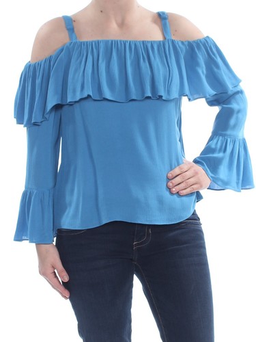 INC Womens Blue Ruffled Spaghetti Strap Off Shoulder Top Petites S ...