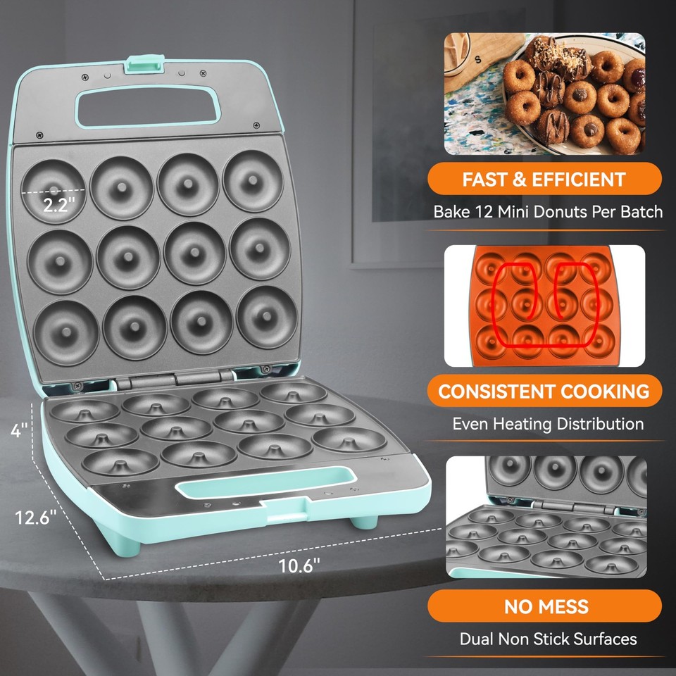 Mini Donut Maker Machine - Bake 12 Doughnuts for Breakfast, Snacks ...
