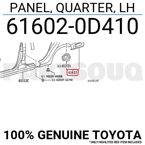 616020D410 Genuine Toyota PANEL, QUARTER, LH 61602-0D410 | eBay