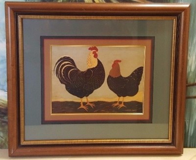 Warren Kimble Roosters Chickens Wall Folk Art Framed Matted Behind ...