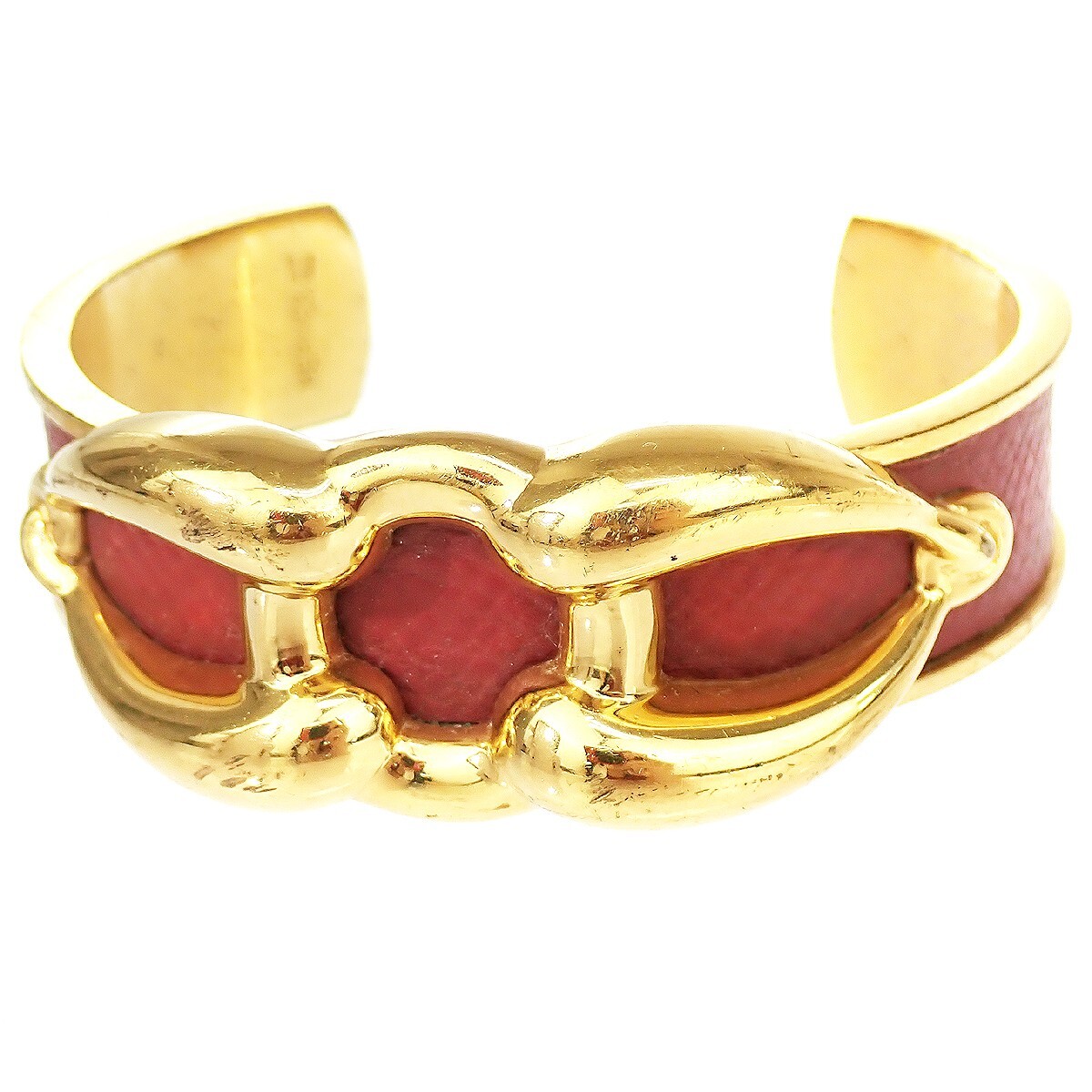 HERMES LOGO BANGLE BRACELET LEATHER RED GOLD-PLATED A… - Gem