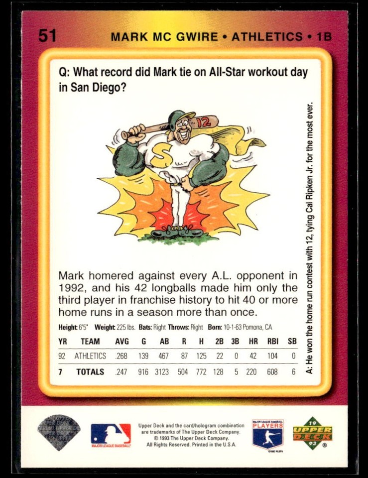 1993 Upper Deck Fun Pack #51 Mark McGwire Athletics Baseball Card 2801J ...