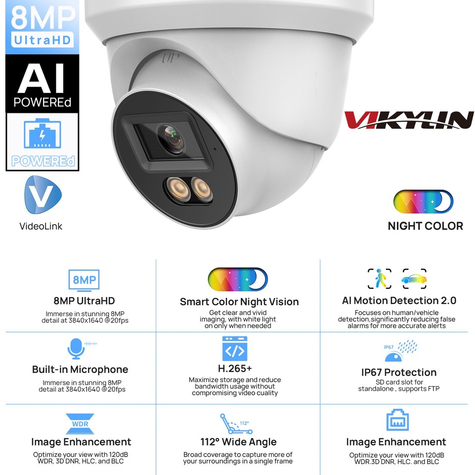 NEW VIKYLIN Full Color Turret POE 8MP 4K IP Camera Onvif Security ...