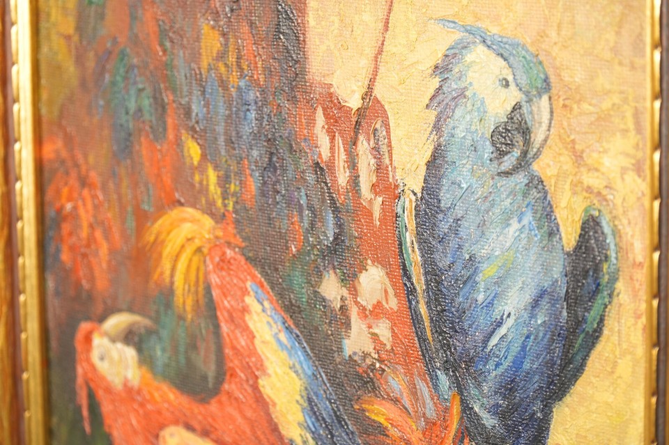 1937 Harry Leonard Lopp Framed Original Oil on Board Painting Parrots ...